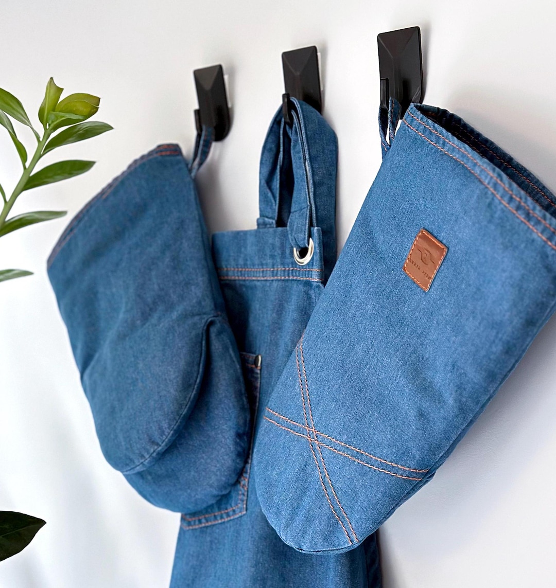 Denim Oven Mitts for Modern Hostess, Chef Jeans Cooking Gloves, Cute ...