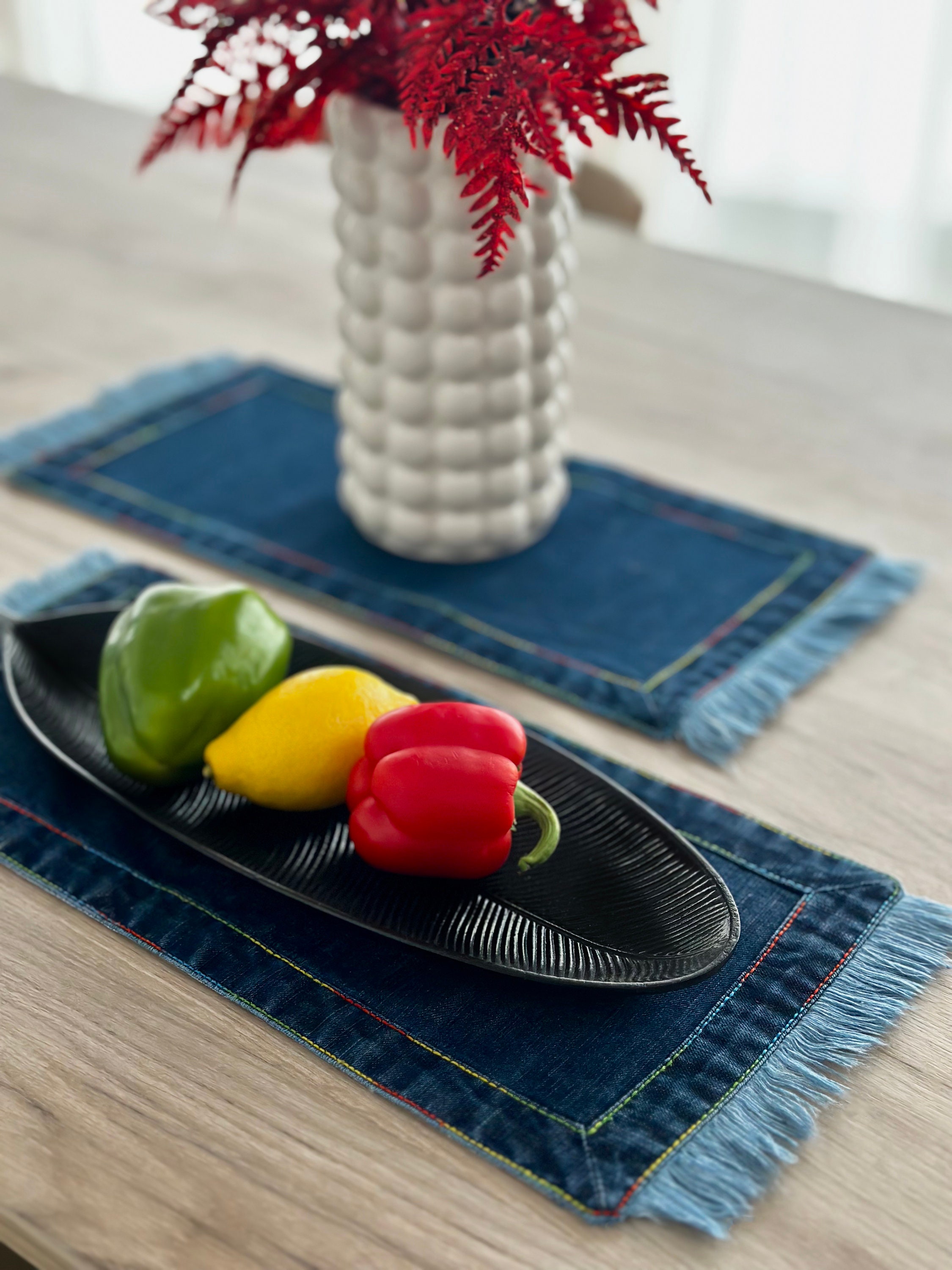 Handmade Boho Table Runners Set, Denim Placemats With Fringe, Colorful ...
