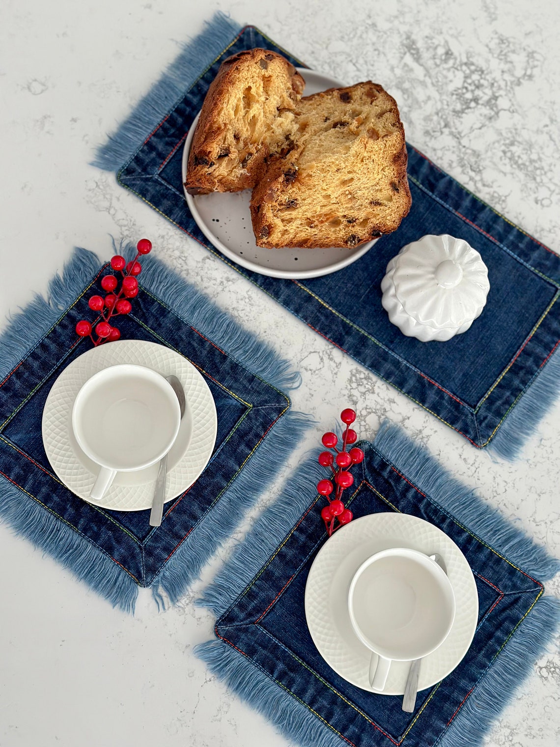 Boho Handmade Napkins Set, Denim Napkins With Fringes, Colorful Cotton ...