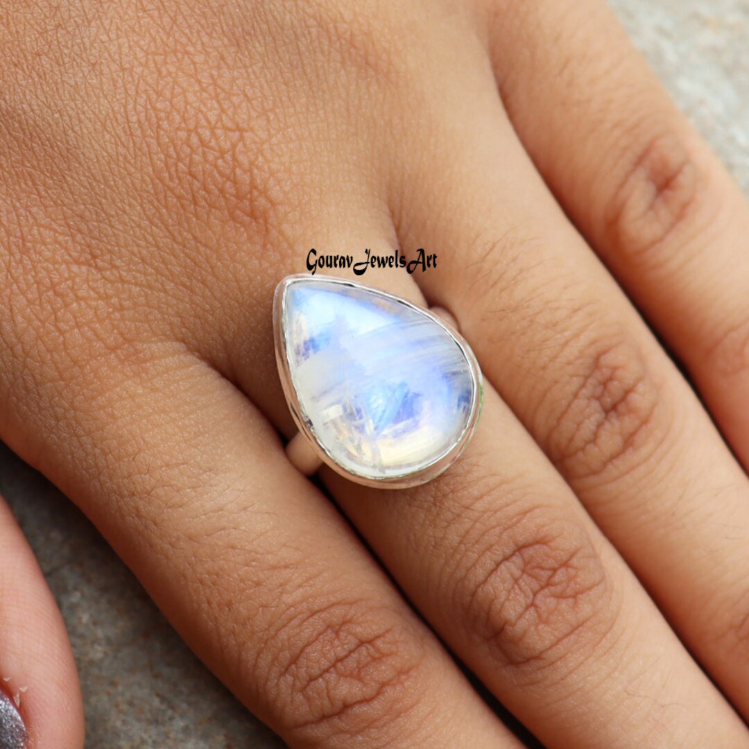 Blue Fire Moonstone Ring, Sterling Silver Ring, Blue Fire Stone, Pear ...