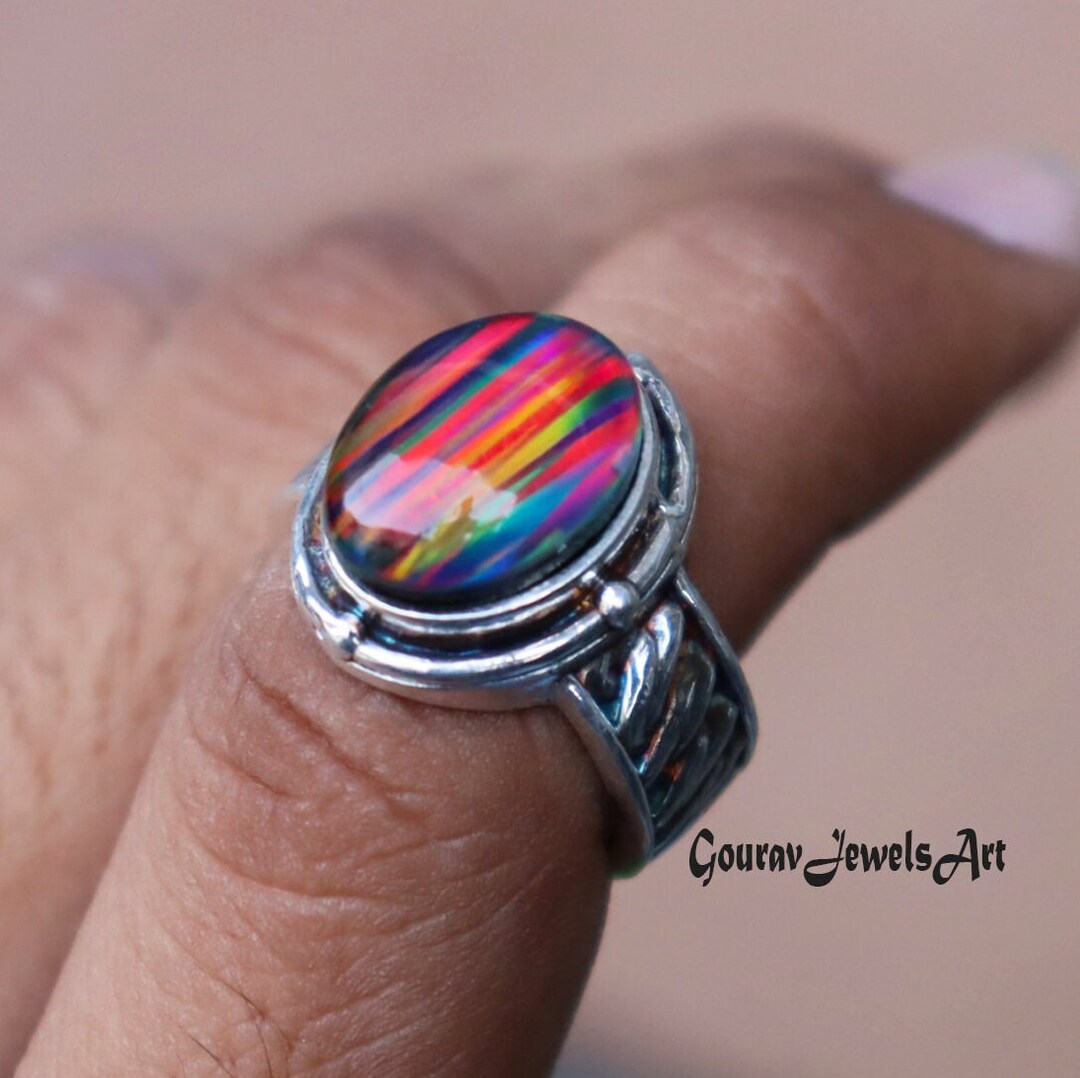 Natural Black Opal Ring: Solid 925 Sterling Silver, Rainbow Fire Stone ...