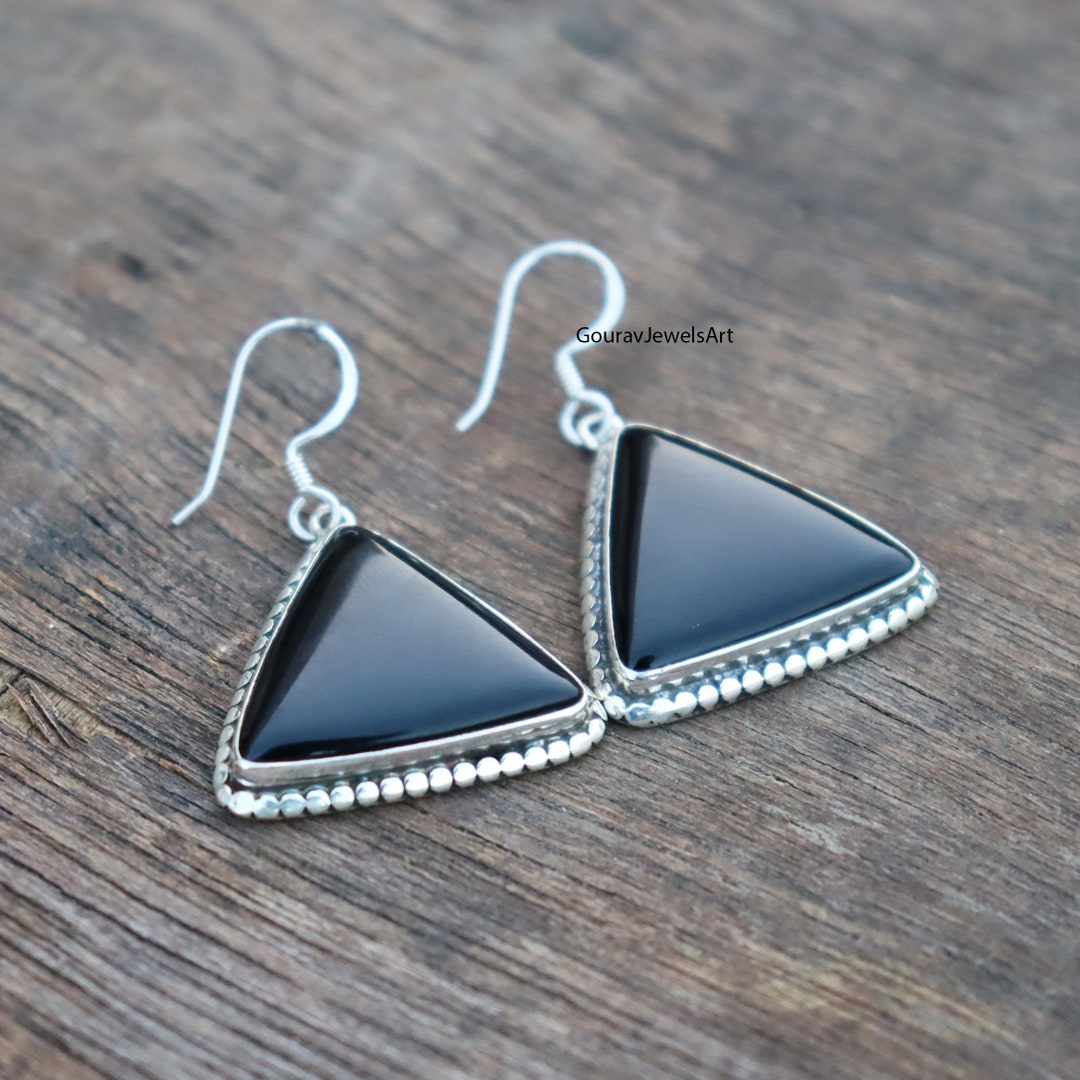Triangle Black Onyx Earrings, 925 Sterling Silver, Handmade - Etsy