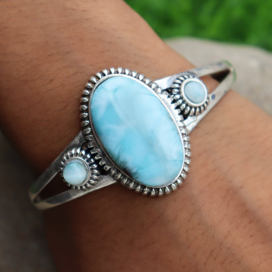 Dolphin Larimar Bangle, Designer Bangle, Open Cuff Bangle, Gemstone ...