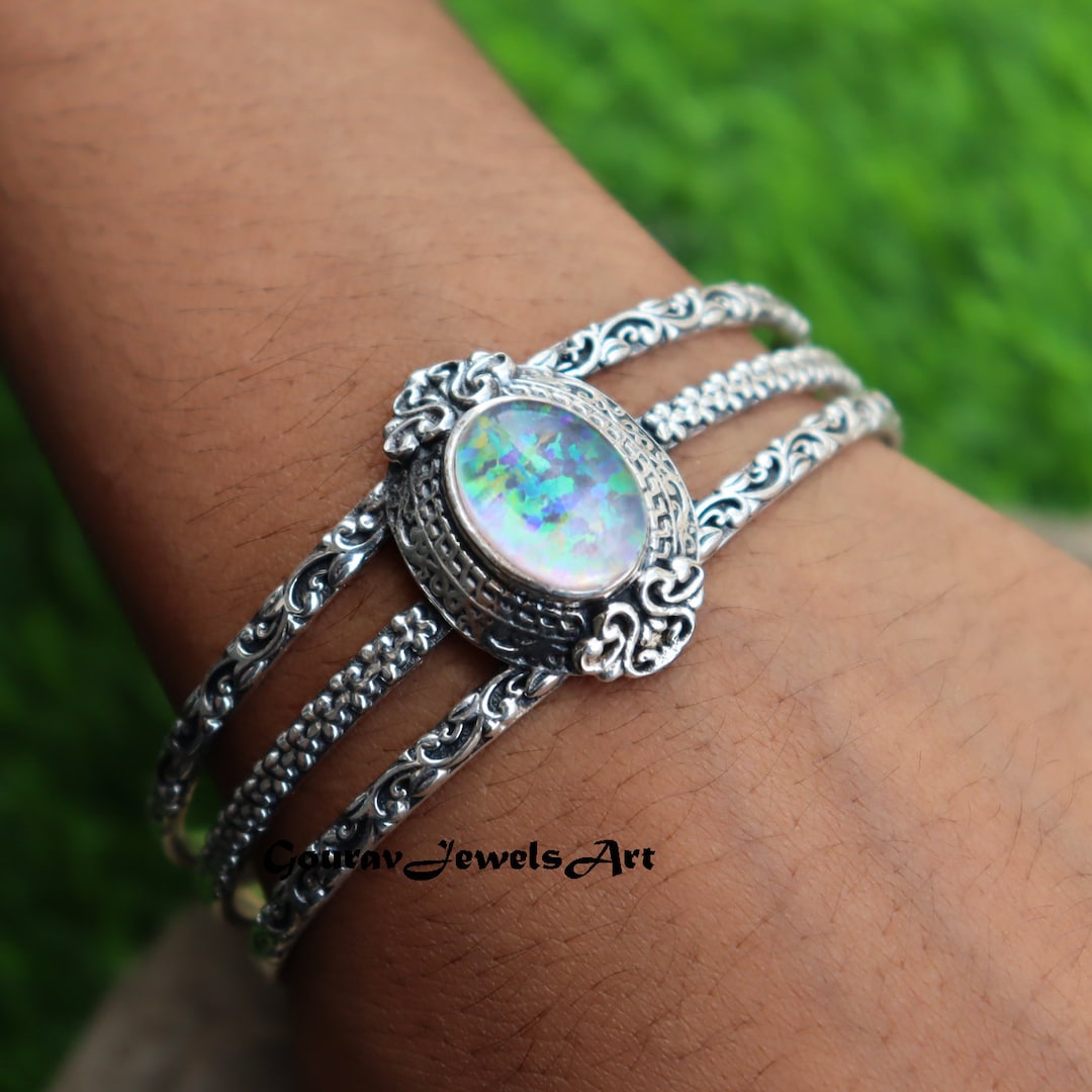Ethiopian Opal Bangle, Charm Bangle, Designer Bangle, Open Cuff Bangle, Multi Fire Opal ...
