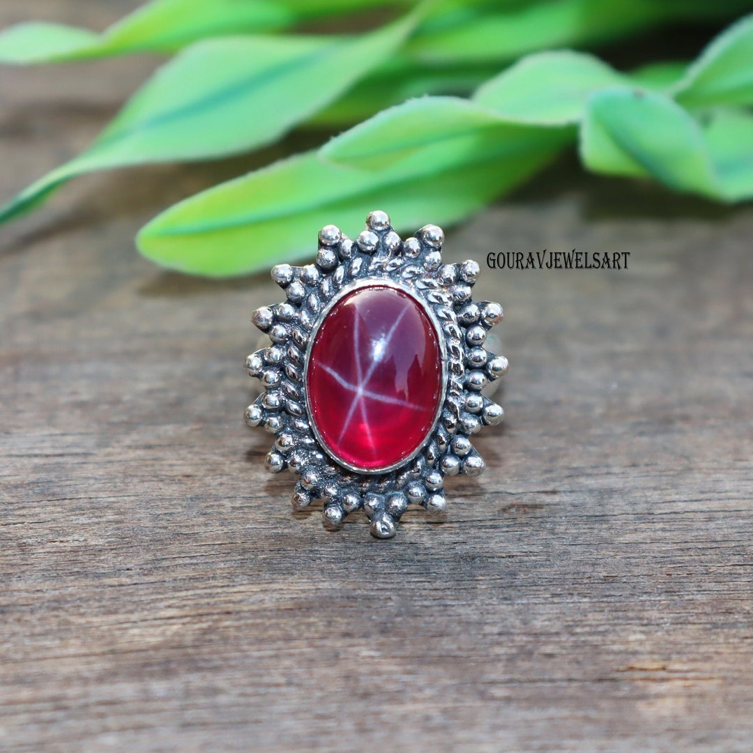 Six Ray Star Ruby Ring, Oval Shape Cabochon, Women Ring, July ...