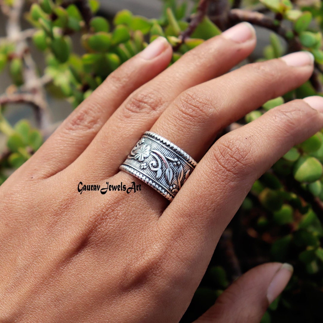 925 Sterling Silver, Thumb Ring, Wide Ring, Band Silver, Floral Ring, Silver Band Ring, Stacking ...