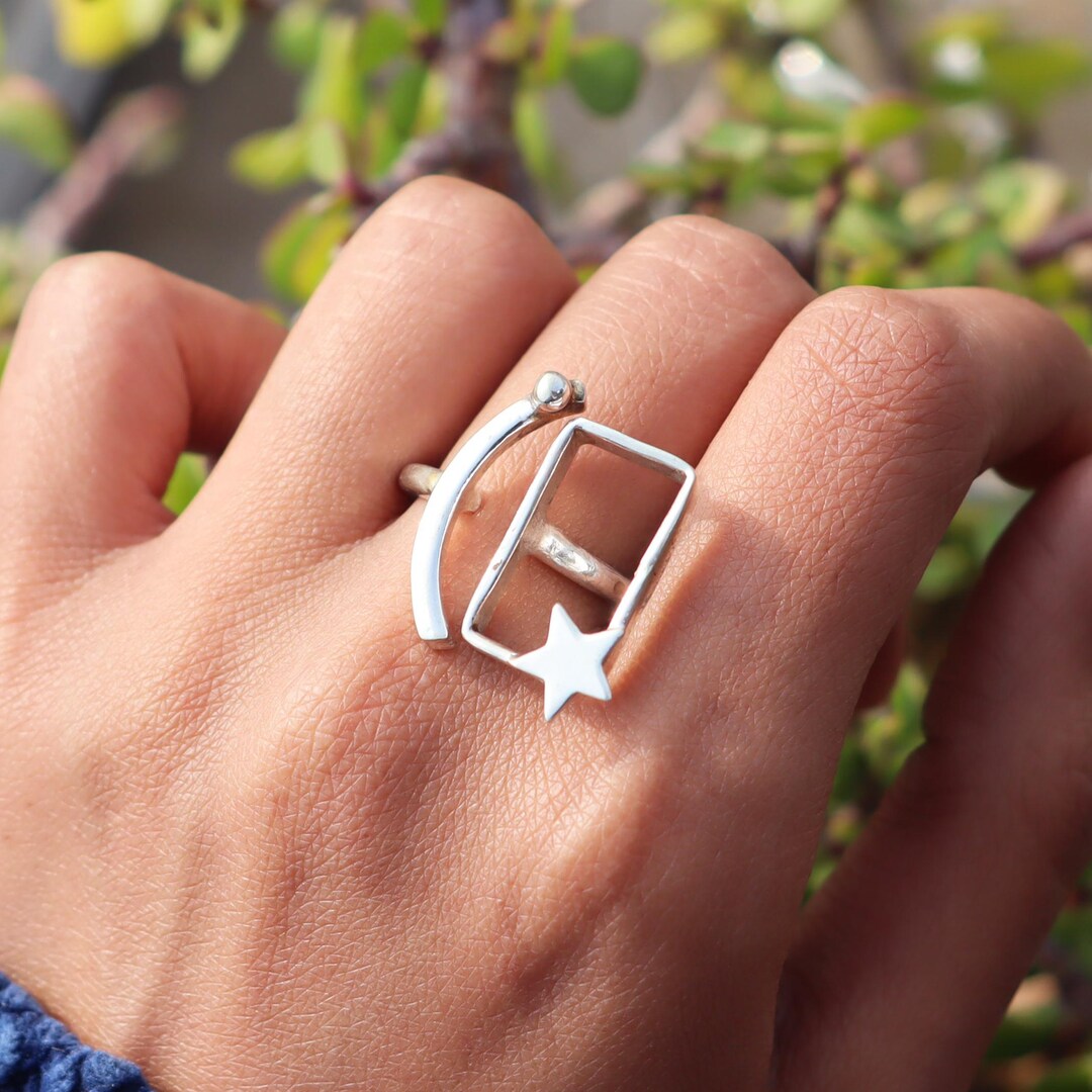Crescent Star Silver Ring, Simple Star Ring, 925 Sterling Silver Ring, Adjustable Ring ...