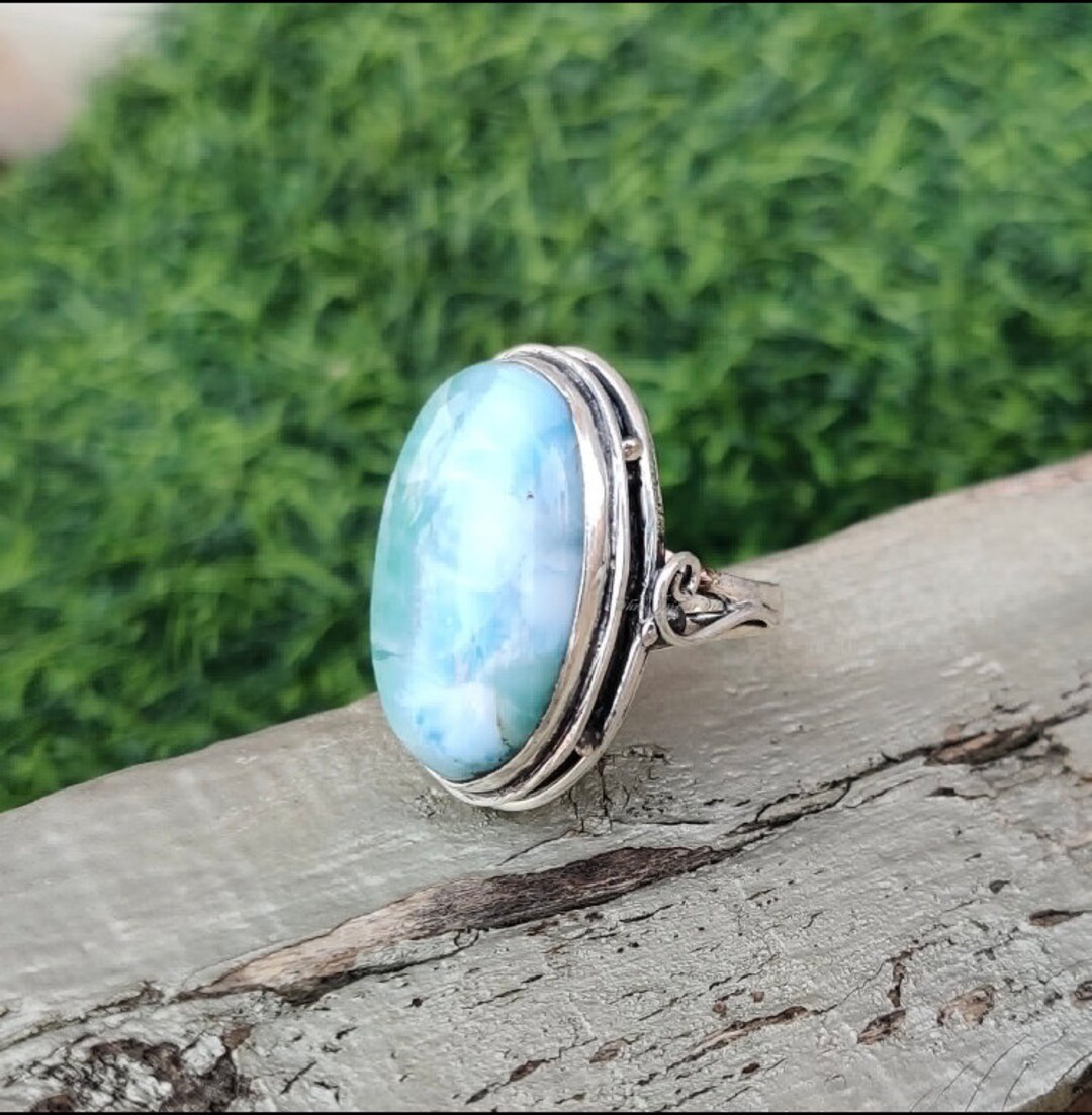 Dolphin Larimar Ring, Unique Band Ring, Oval Gemstone Ring, Solid 925 ...