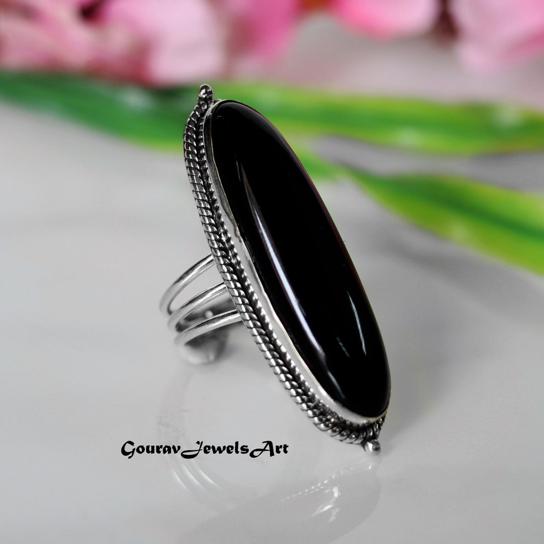 Amazing Black Onyx Ring, Long Oval Shape Gemstone Ring, Designer Ring ...