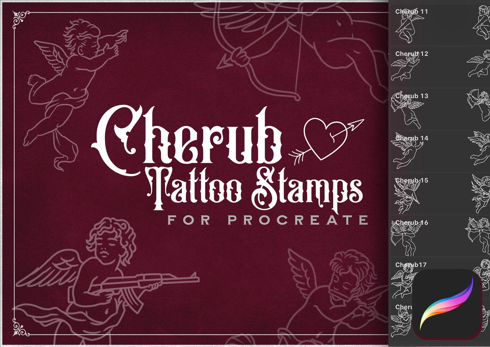 Cherub Tattoo Stamps / Procreate Brush Set / Cupid Line Art Drawings ...