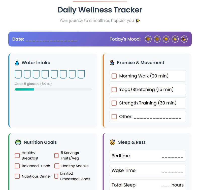 Daily Wellness Tracker Printable | Fitness Planner for Moms | Self-care ...