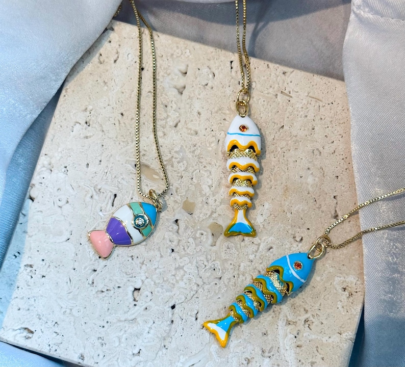 Enamel Fish Necklace: 18kt Gold Plated, Cubic Zirconia - Etsy
