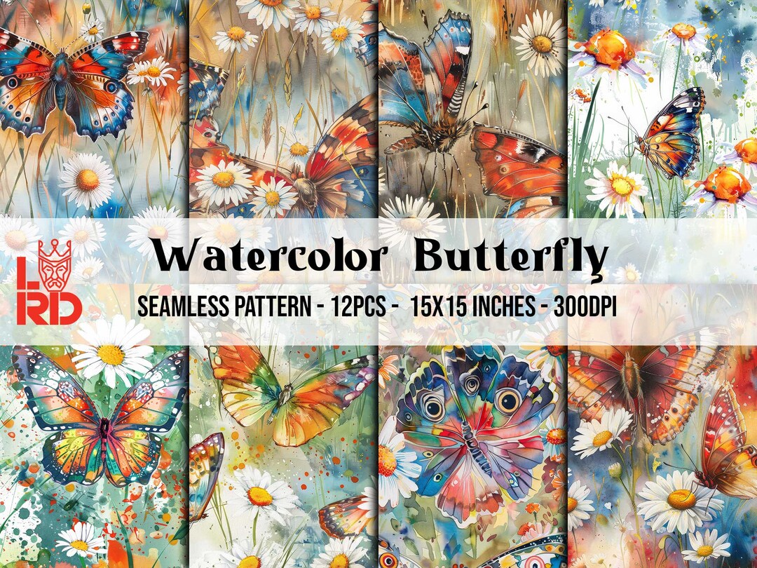 12 Vibrant Watercolor Butterfly Seamless Pattern Set, Watercolor ...