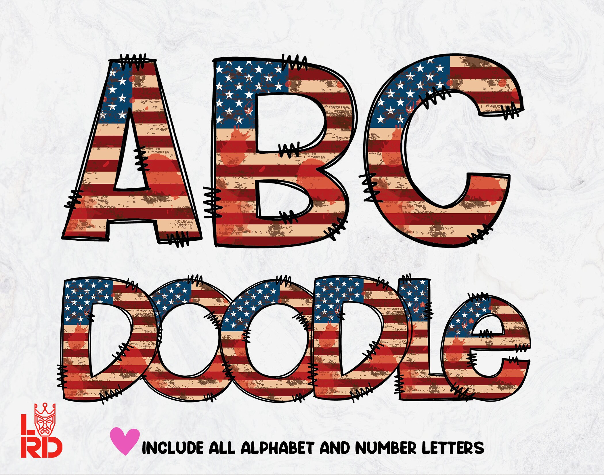 Patriotic American Flag Doodle Letters, USA Alphabet Letters ...