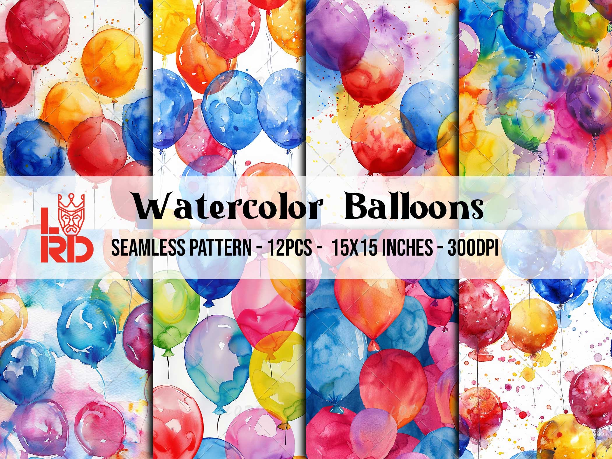 12 Colorful Watercolor Balloons Seamless Pattern, Birthday Digital ...