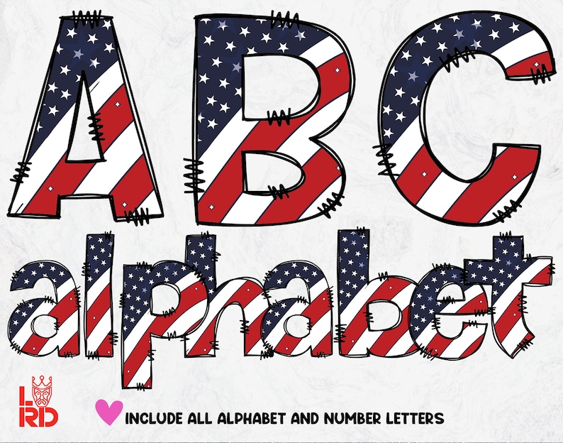 USA Alphabet Letters Set, Patriotic American Flag Doodle Letters, Hand ...