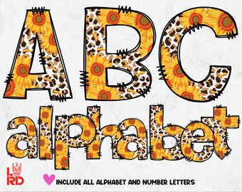 Turquoise Leopard Sunflower Doodle Alphabet Letters PNG Bundle, Floral ...