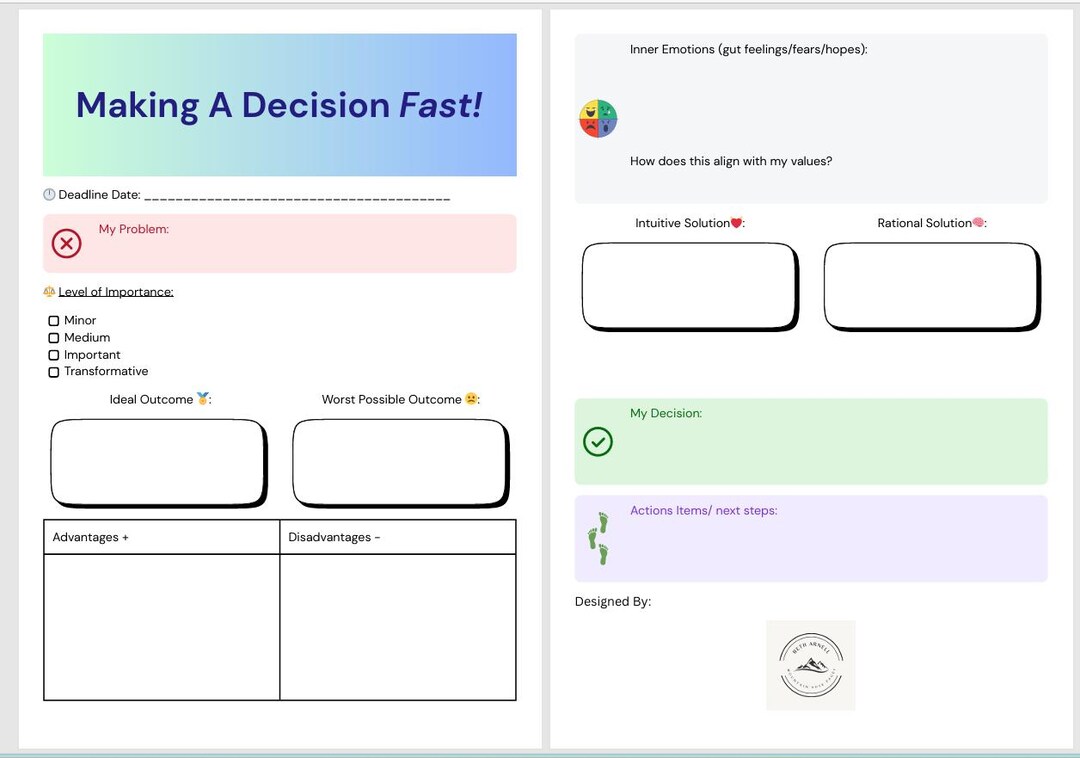 Making a Decision Fast Printable Interactive PDF Worksheet Aid Planner ...