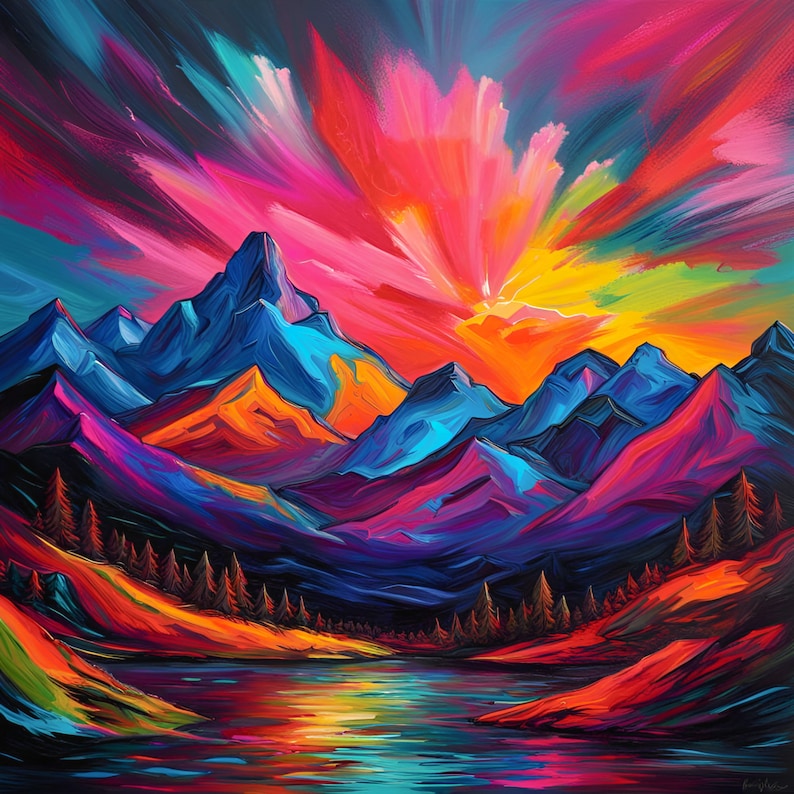 Neon Mountain Sunset Downloadable Digital Art - Etsy