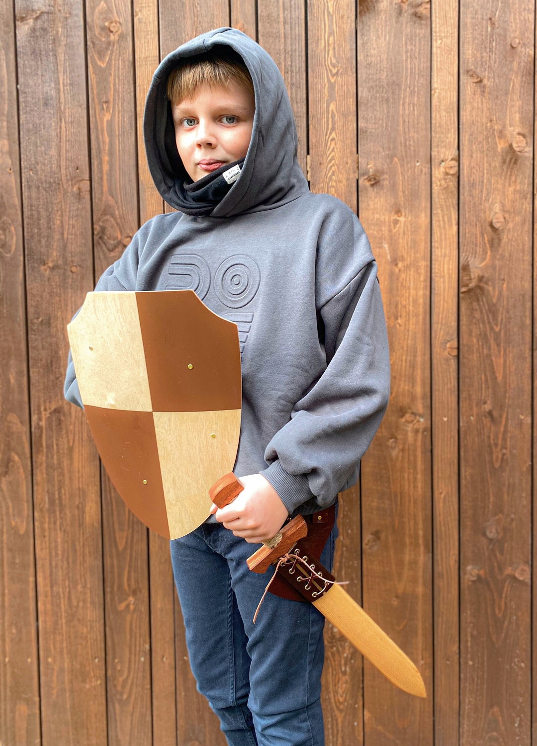 WARRIOR SET OF 3 Wooden Sword, Wooden Shield, Scabbard, Wooden Knight ...