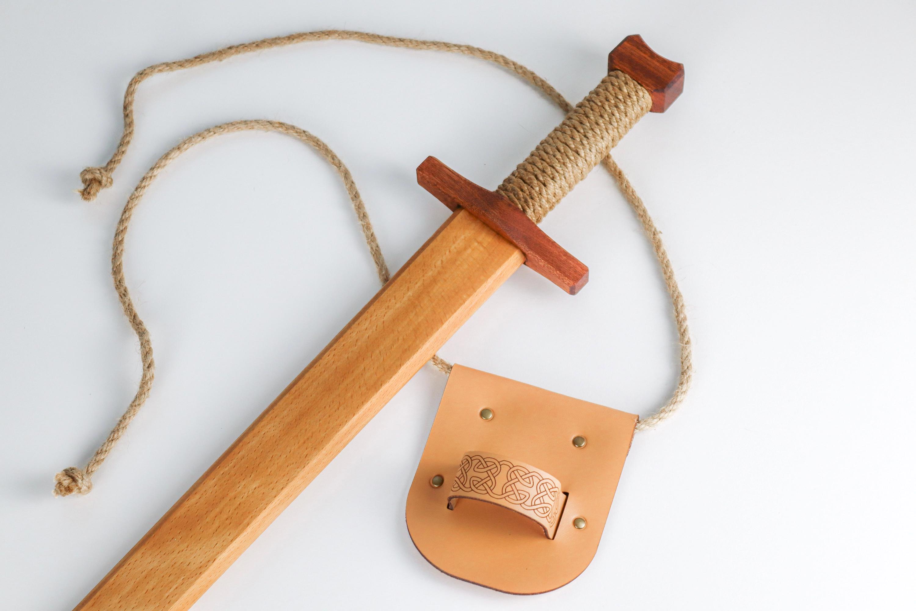 Personalised Wooden Sword With Leather Holder for Kids, Pretend Play ...