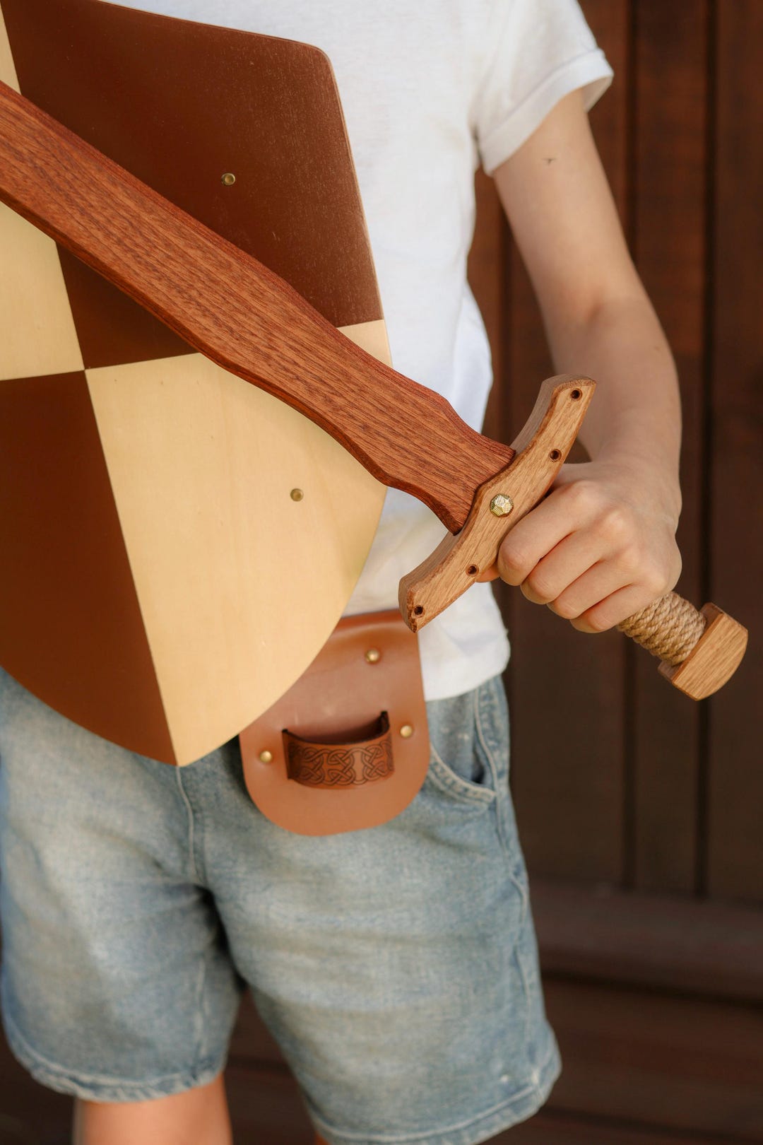 Wooden Knight Play Set, Kids Wooden Sword & Shield Set With Leather ...