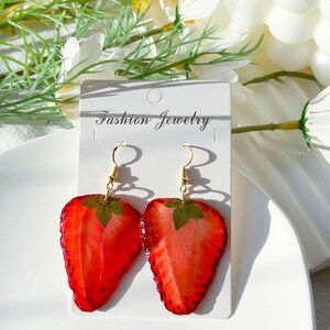 Real Strawberry Resin Fruit Earrings, Handmade Pressed Strawberry ...