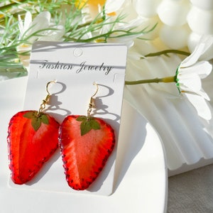 Real Strawberry Resin Fruit Earrings, Handmade Pressed Strawberry ...