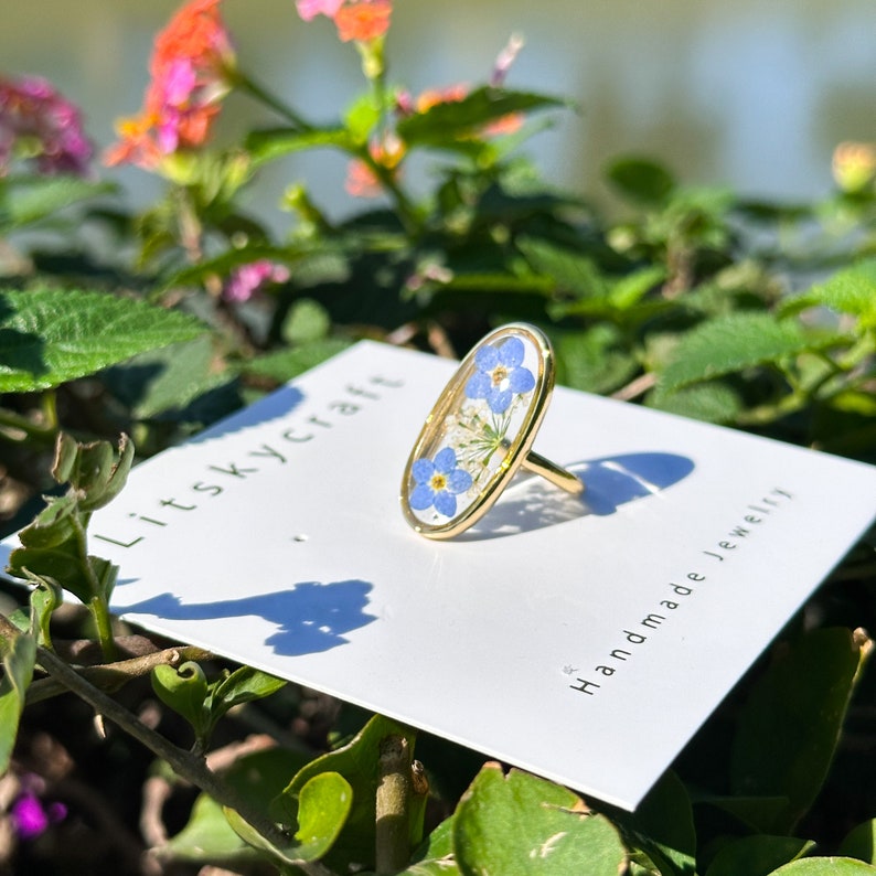 Adjustable Forget Me Not Real Flower Ring, Handmade Pressed Flower Ring ...