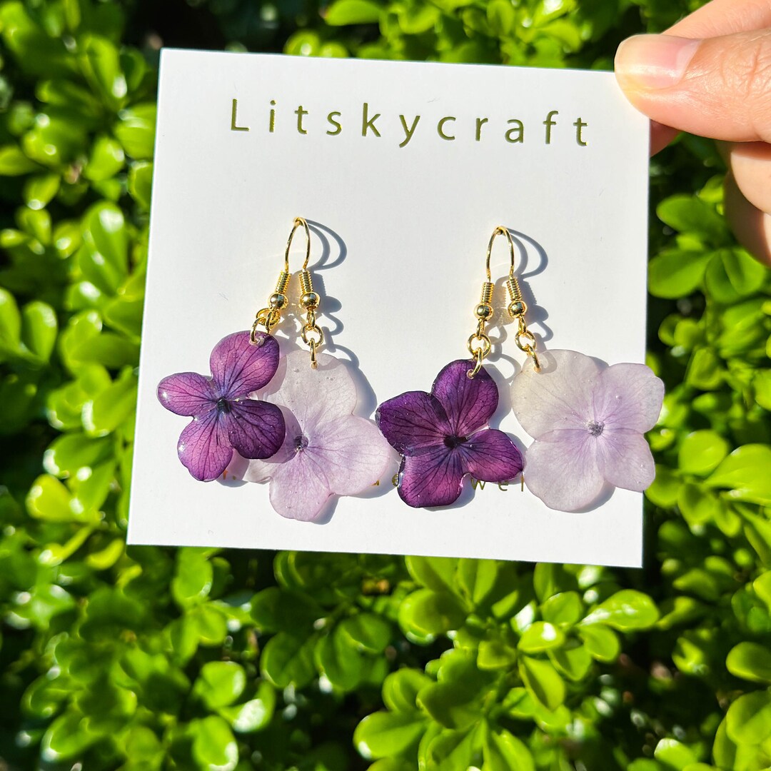 Real Hydrangea Flower Earrings, Handmade Pressed Hydrangea Flower Resin ...