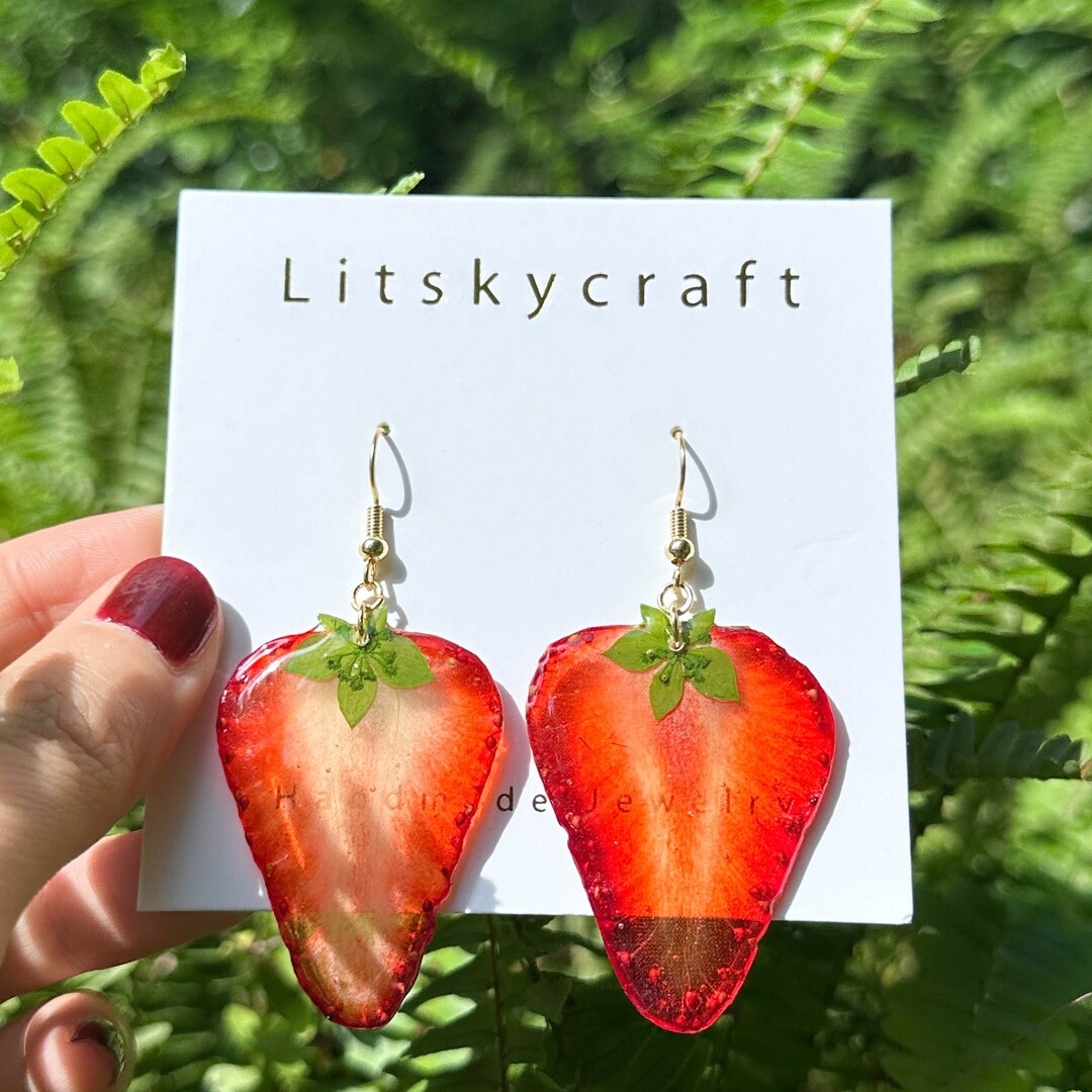 Real Strawberry Resin Fruit Earrings, Handmade Pressed Strawberry ...