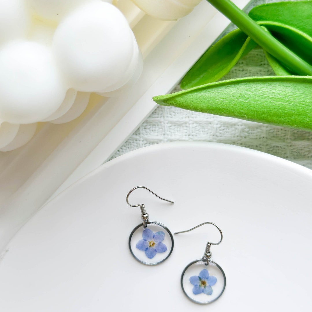 14K Gold Forget Me Not Resin Flower Earrings, Handmade Pressed Real ...