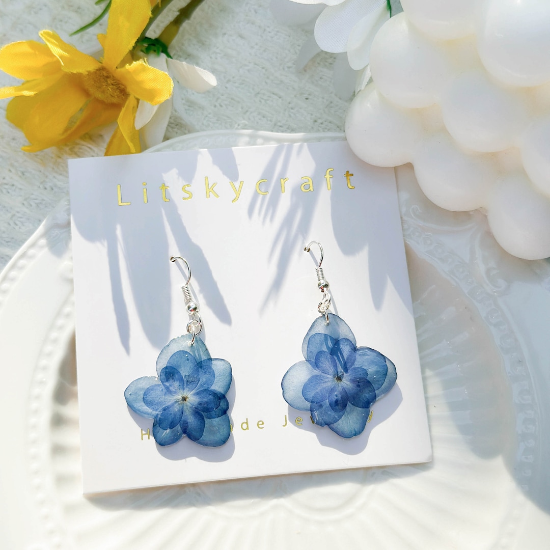 Real Hydrangea Flower Earrings, Handmade Pressed Hydrangea Flower Resin ...