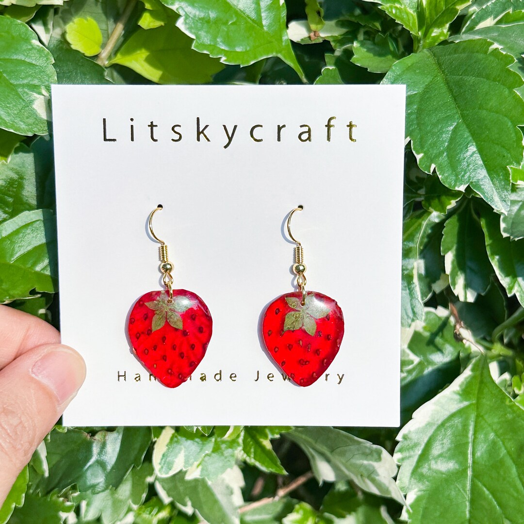 Mini Real Strawberry Peel Resin Fruit Earrings, Handmade Pressed ...