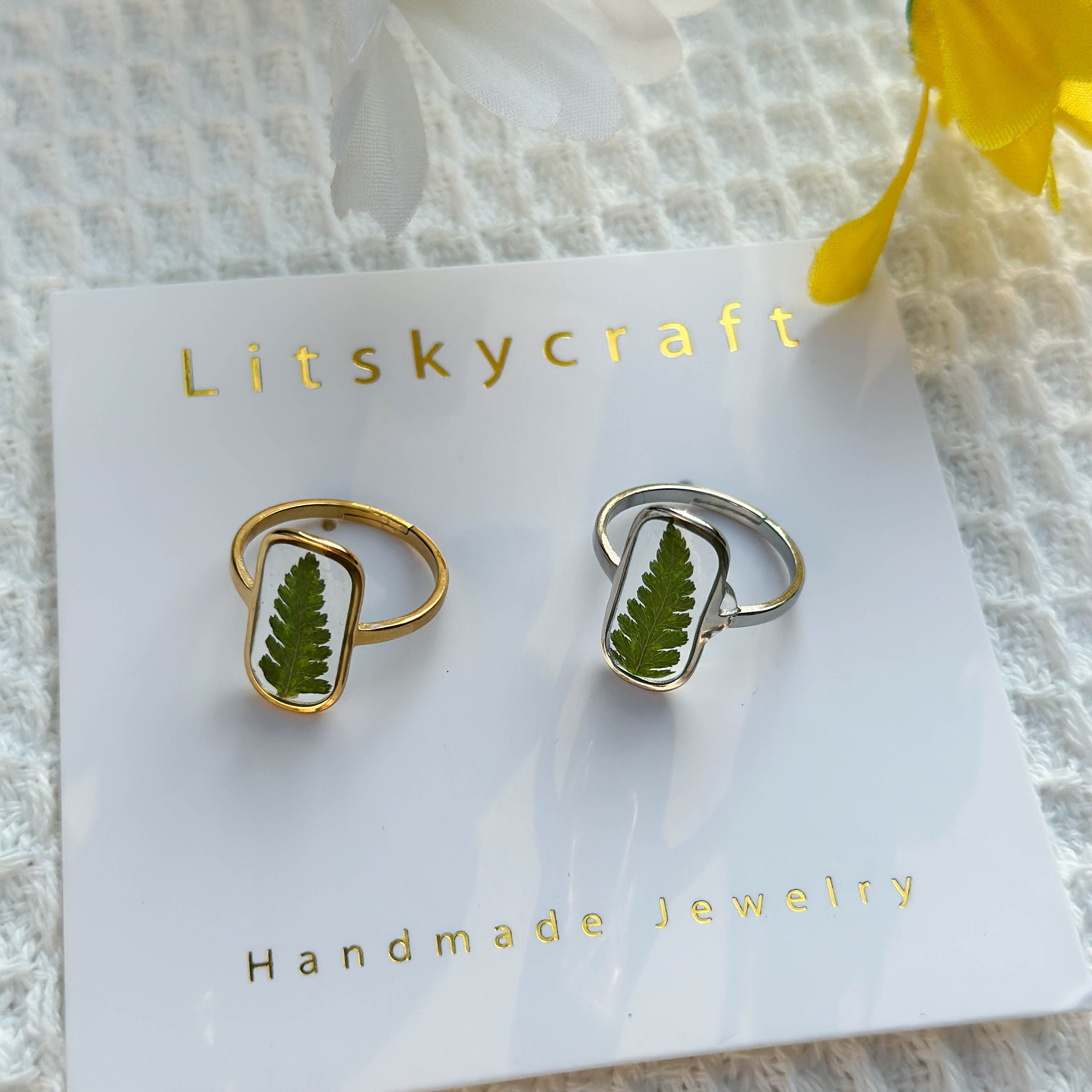 Adjustable Fern Leaf Real Plant Ring, Handmade Pressed Green Leaf Ring ...