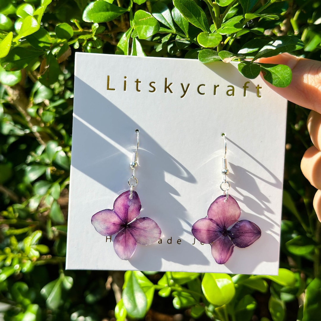 Real Hydrangea Flower Earrings, Handmade Pressed Hydrangea Flower Resin ...