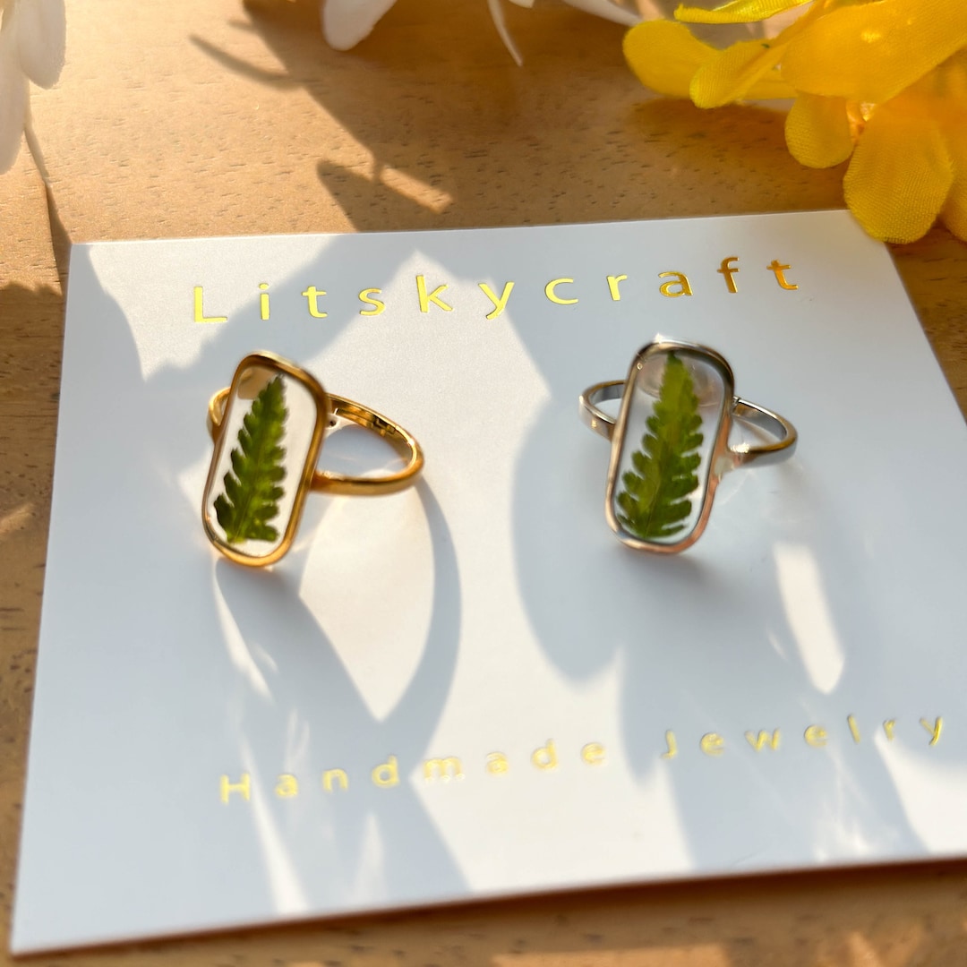 Adjustable Fern Leaf Real Plant Ring, Handmade Pressed Green Leaf Ring, Nature Jewelry, Dired ...