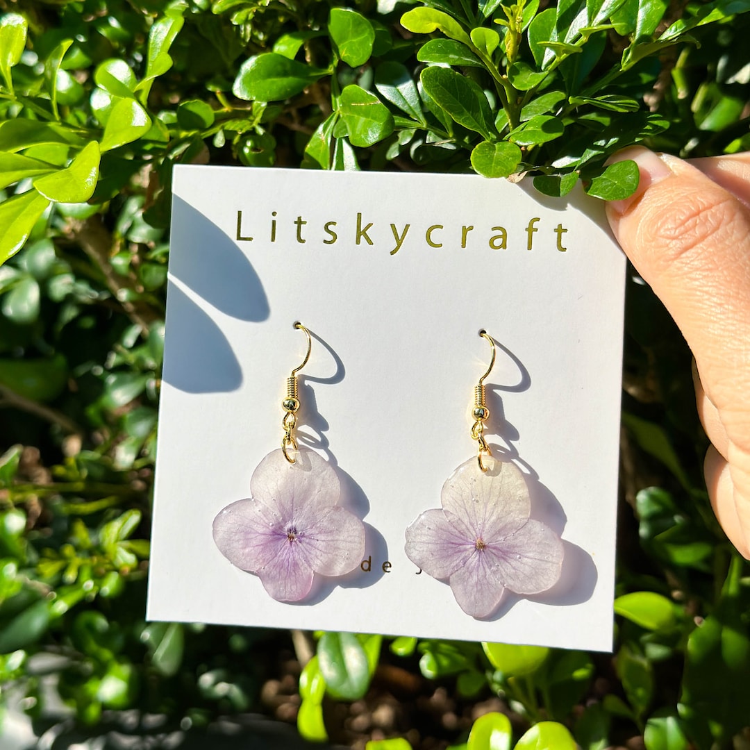 Real Hydrangea Flower Earrings, Handmade Pressed Hydrangea Flower Resin ...