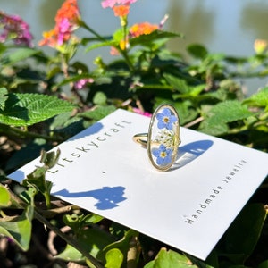 Adjustable Forget Me Not Real Flower Ring, Handmade Pressed Flower Ring, Nature Jewelry, Dired ...
