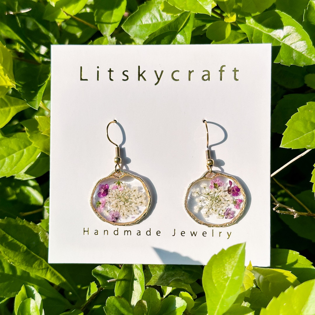 14K Gold Lace Resin Flower Earrings, Handmade Pressed Real Flower Resin ...