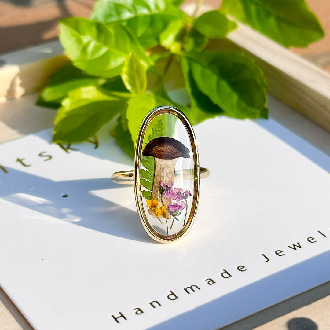 Adjustable Real Mushroom Flower Ring, Handmade Pressed Flower Ring ...