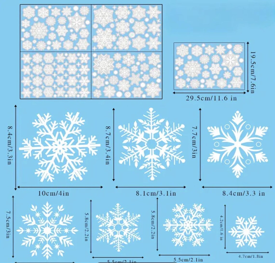 Snowflake Window Clings Set 4 Sheets, Xmas Decals, Electrostatic PVC ...