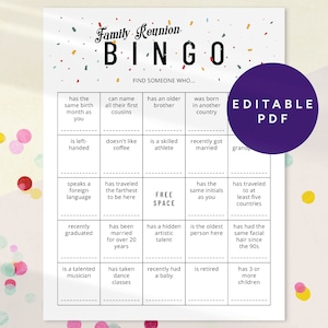 Editable Family Reunion Bingo Game, Get to Know You Bingo, Find the ...