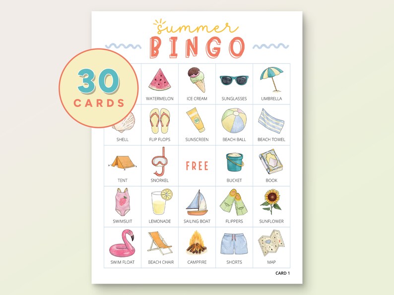 Summer Bingo, 30 Summer Bingo Cards, Printable Summer Bingo Game for ...