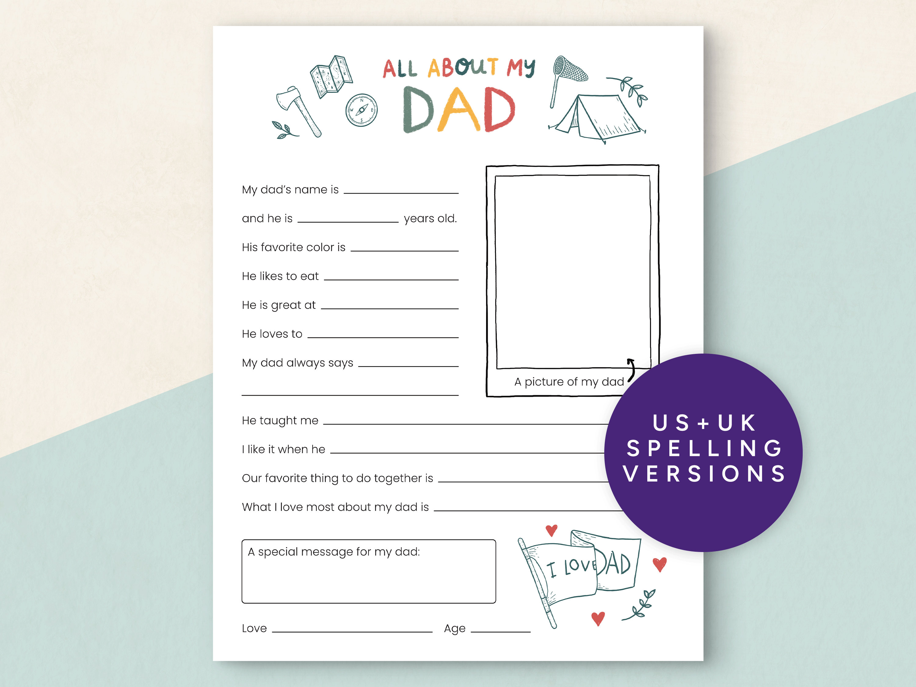 All About My Dad Printable, DIY Father's Day Questionnaire, Instant ...