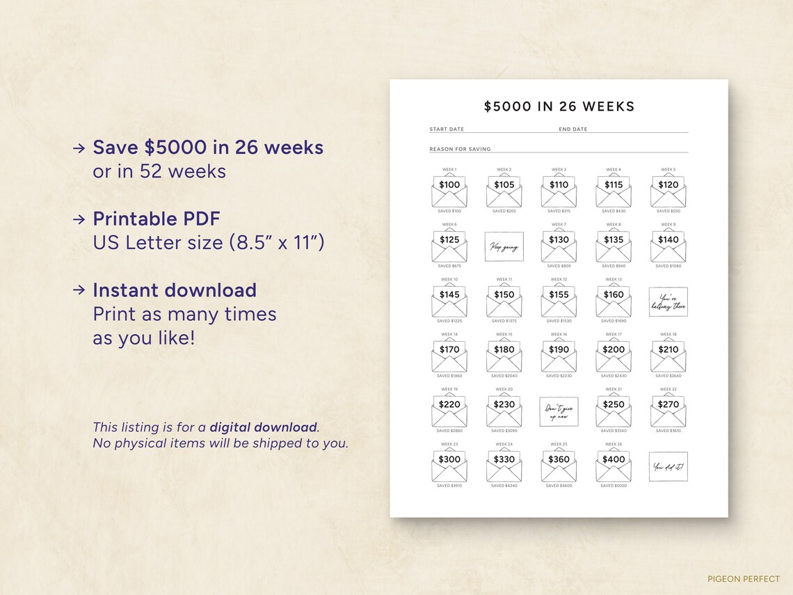5k Savings Challenge Printable, Save 5000 in 26 Weeks, Bi-weekly ...