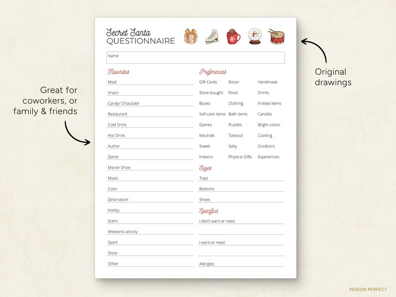 Printable Gift Exchange Form, Secret Santa Questionnaire for Coworkers ...
