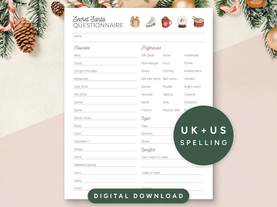 Printable Gift Exchange Form, Secret Santa Questionnaire for Coworkers ...