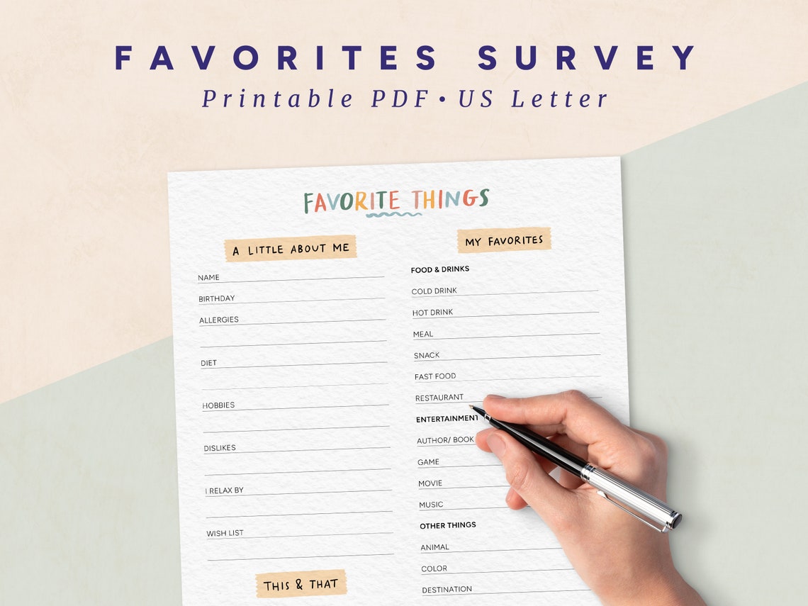 Favorite Things Questionnaire Printable, Get to Know You, Teacher ...