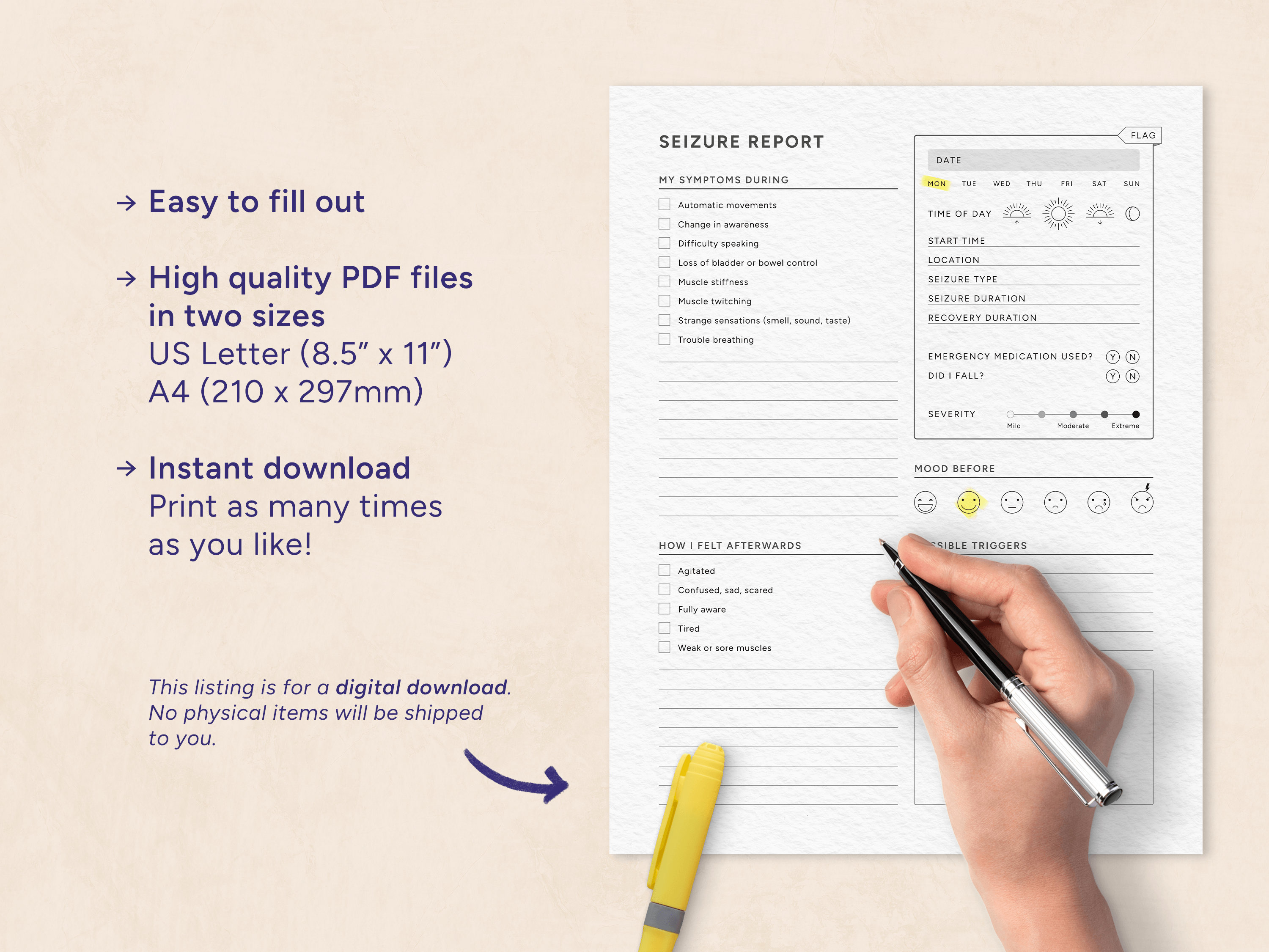 Printable Seizure Tracker Set, Symptom Tracker, Medical Planner ...